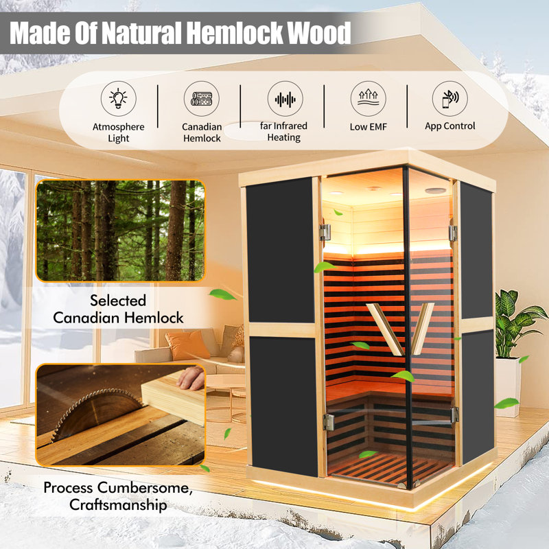 Pynsseu Infrared Sauna Two Person Saunas APP Control 1980W Canadian Hemlock Wood | Wayfair